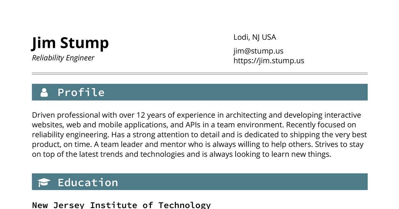 Jim Stump — Reliability Engineer — Resume